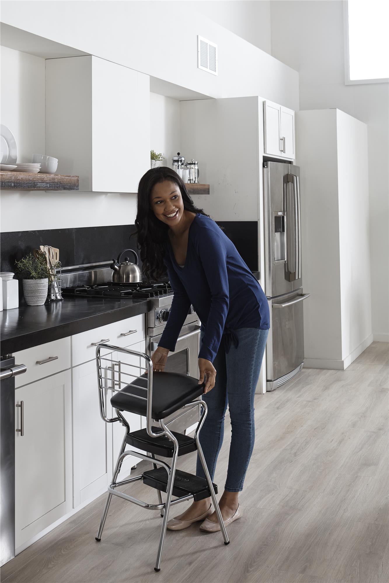 Kitchen step stool with seat store