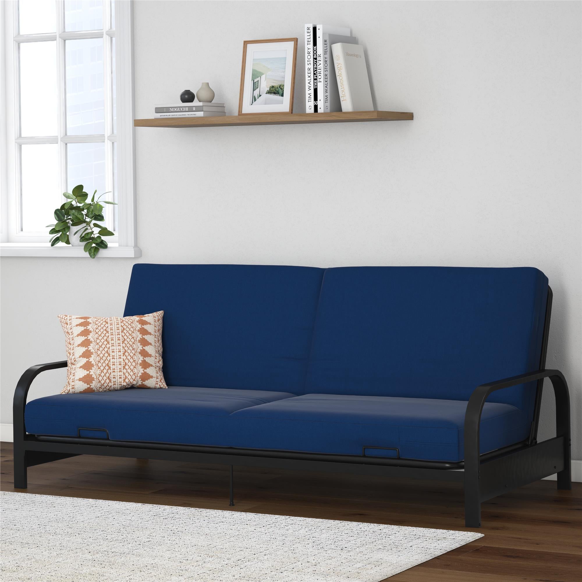 Elbern Black Metal Arm Futon Frame with Tan Linen Slipcover