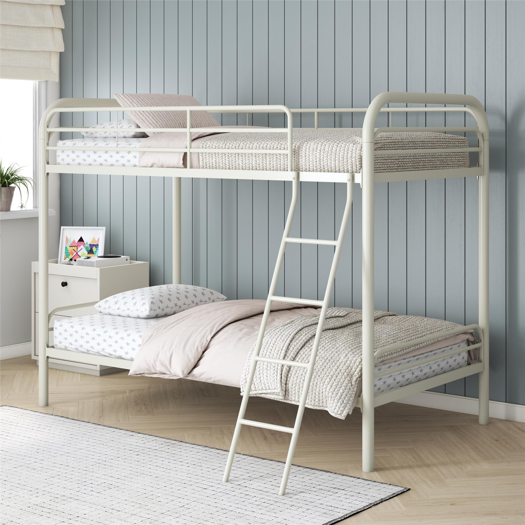Twin over Twin Metal Bunk Bed with Slanted Front Ladder and Guardrails RealRooms
