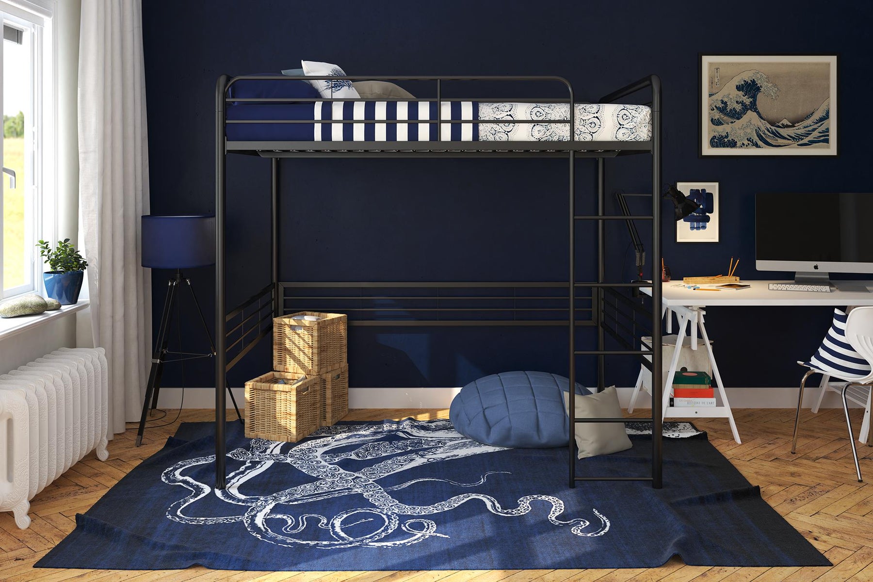 Tommy Full Metal Loft Bed with 59 Inches of Under Bed Storage RealRooms